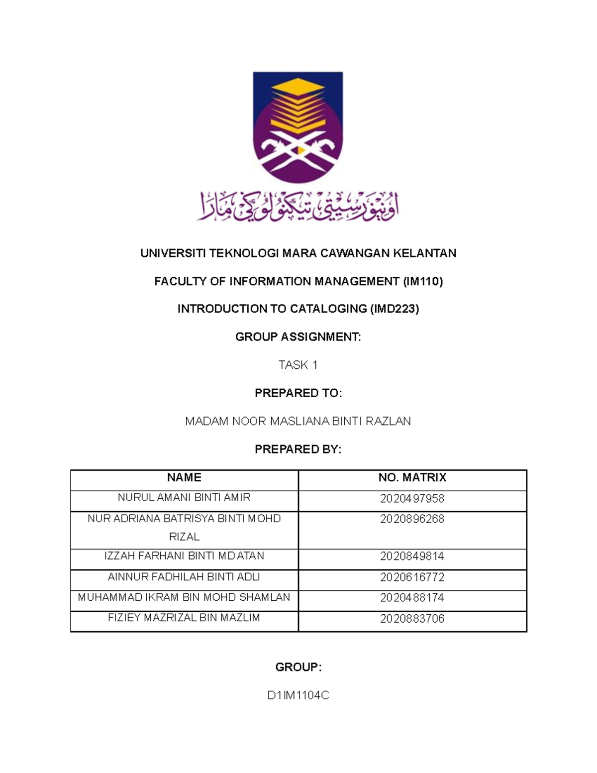 Group Assignment IMD223 [TASK 1] - UNIVERSITI TEKNOLOGI MARA CAWANGAN ...