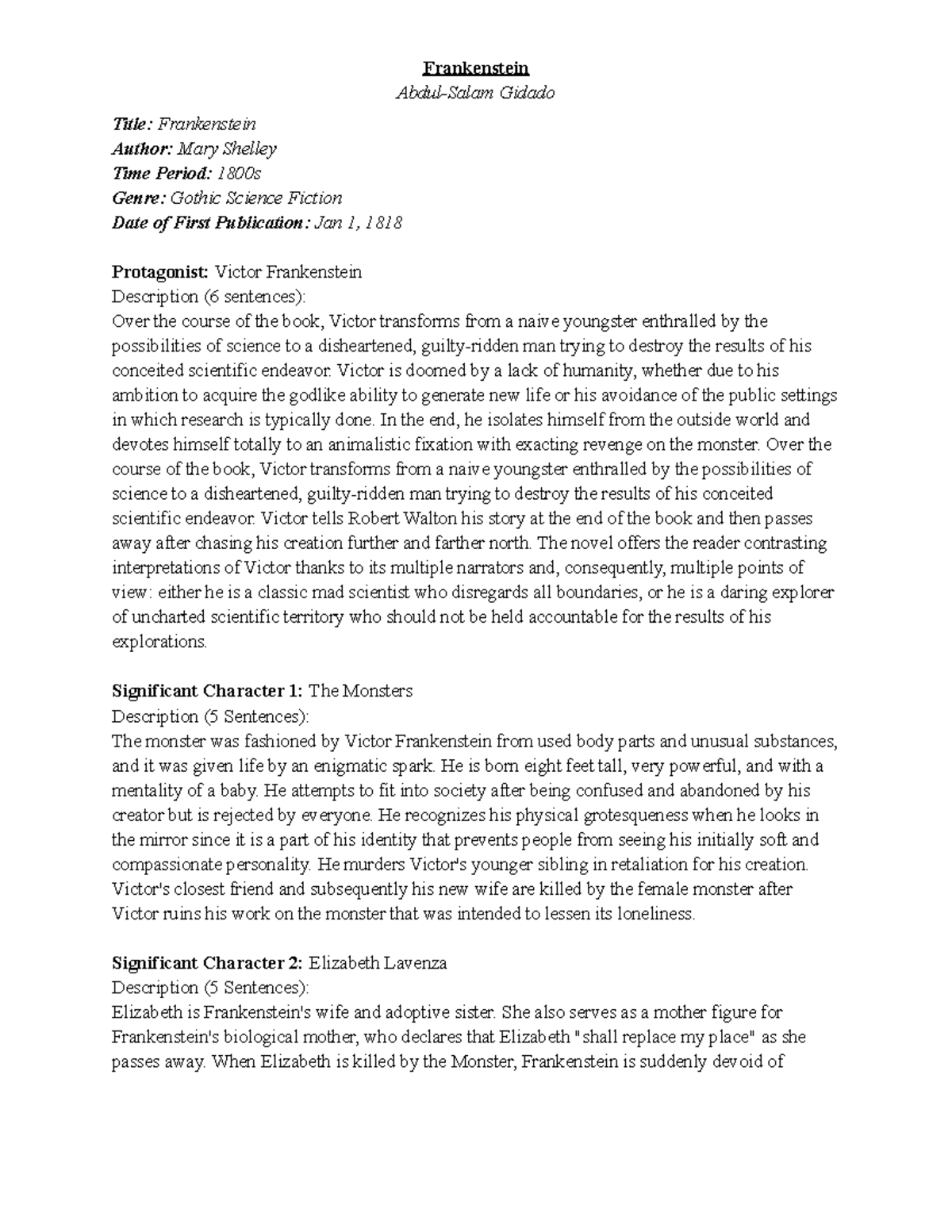 Frankenstein Study Guide - Frankenstein Abdul-Salam Gidado Title ...