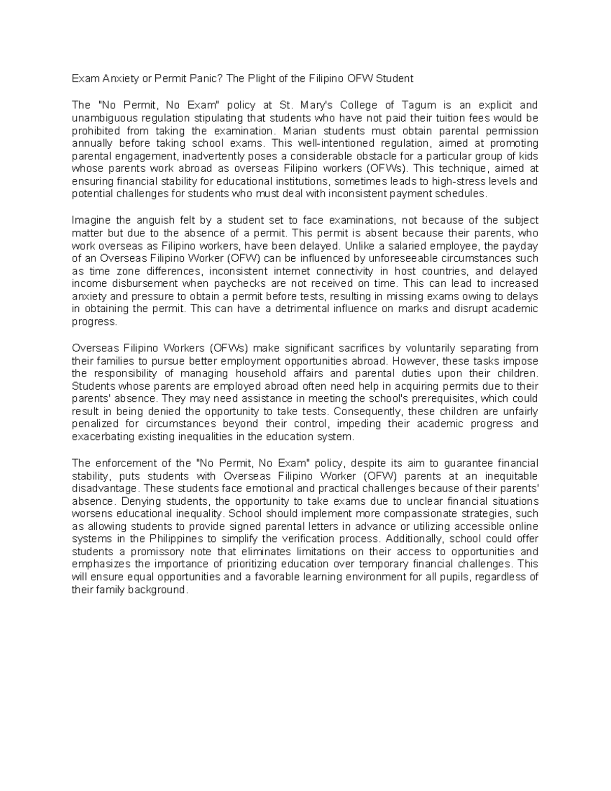 Exam Anxiety or Permit Panic - Mary's College of Tagum is an explicit ...