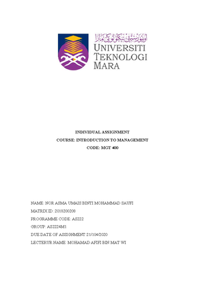 reflection paper mgt 400 - UNIVERSITI TEKNOLOGI MARA FACULTY OF ...