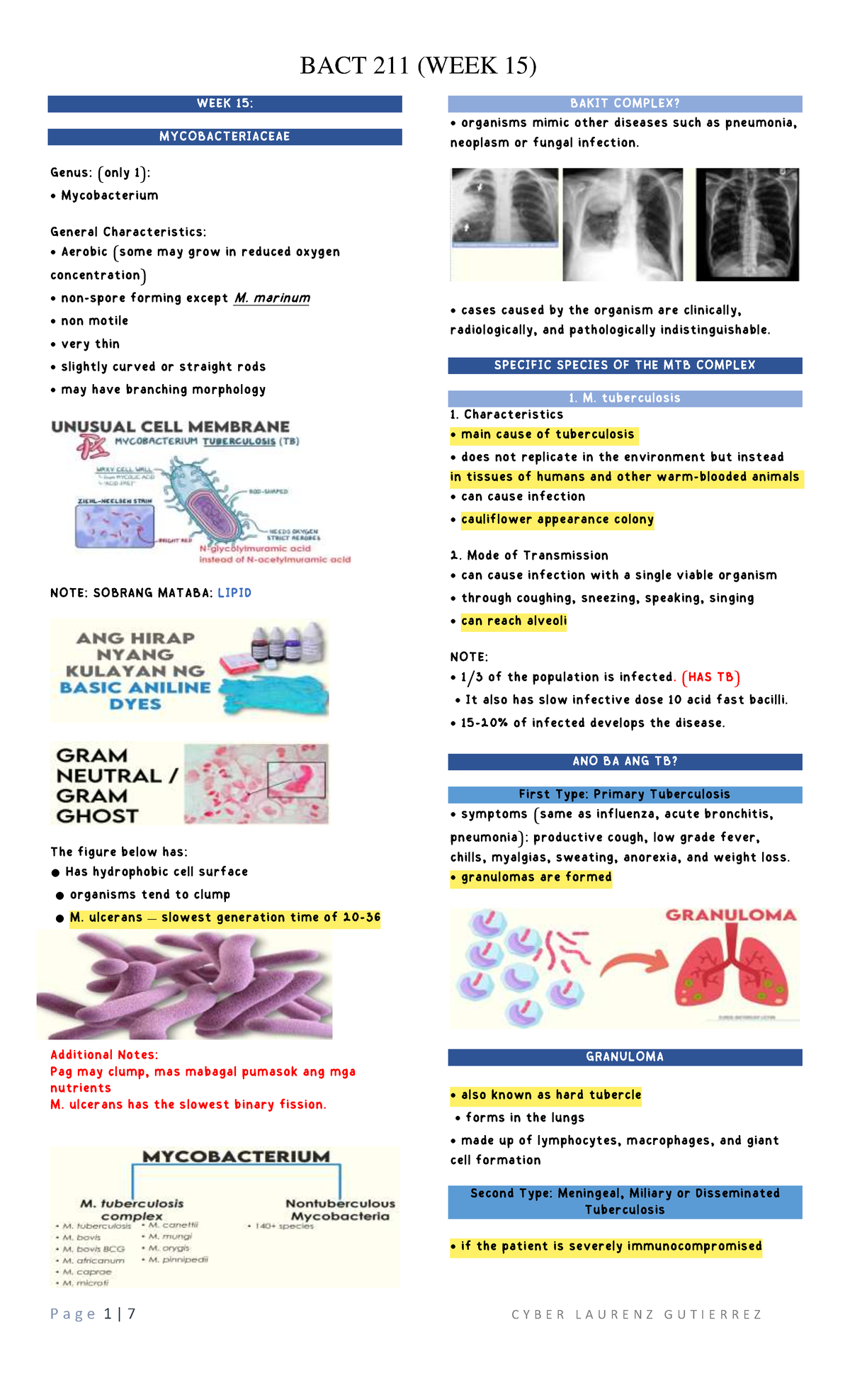 BACT WEEK15 - Lecture - WEEK 1 5 : PASTE MYCOBACTERIACEAE Genus: (only ...