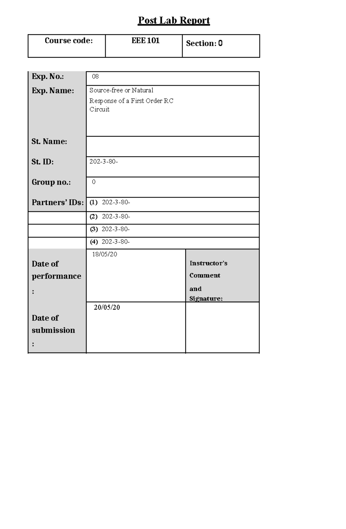 EEE 101 Post Lab 8 - Post Lab Report Course code: EEE 101 Section: 0 ...