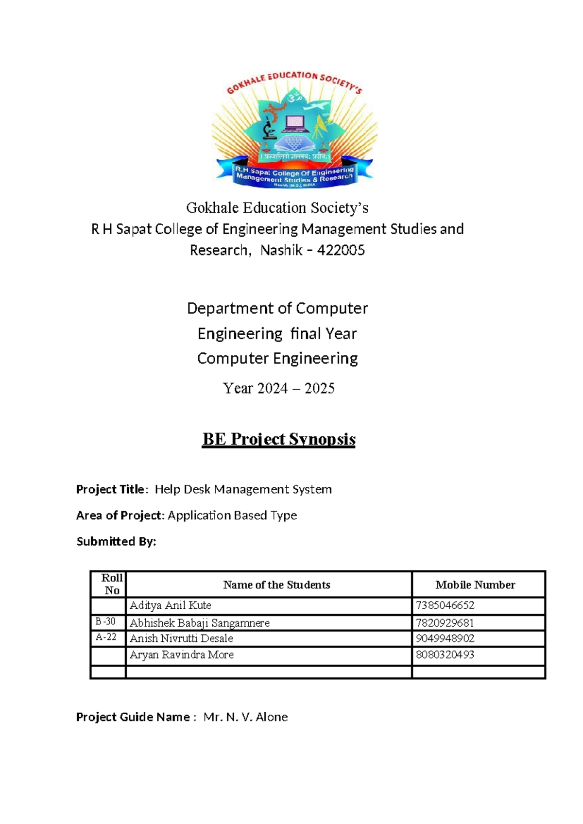 BE Project Synopsis - Research paper - Gokhale Education Society’s R H Sapat College of ...