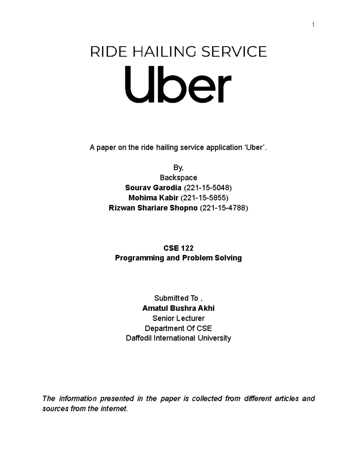UBER 221 15 5855 - And paper on the ride sharing app or ride hailing ...