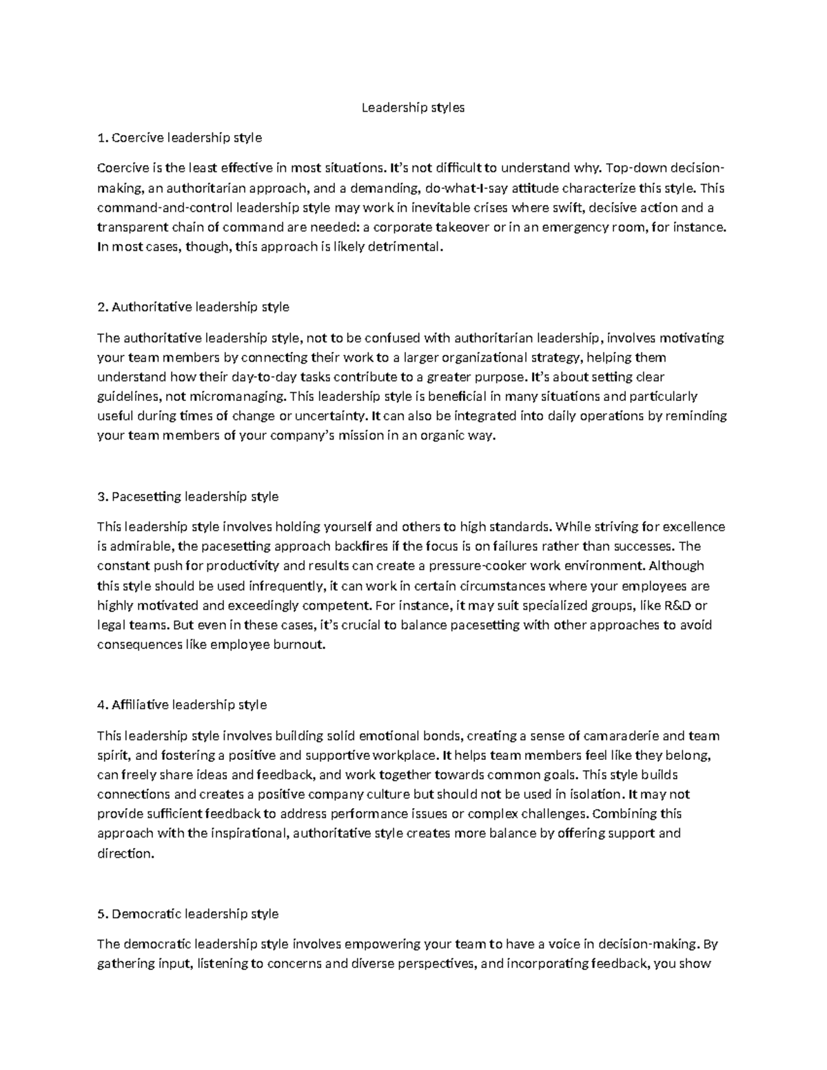 Leadership styles - Leadership styles Coercive leadership style ...