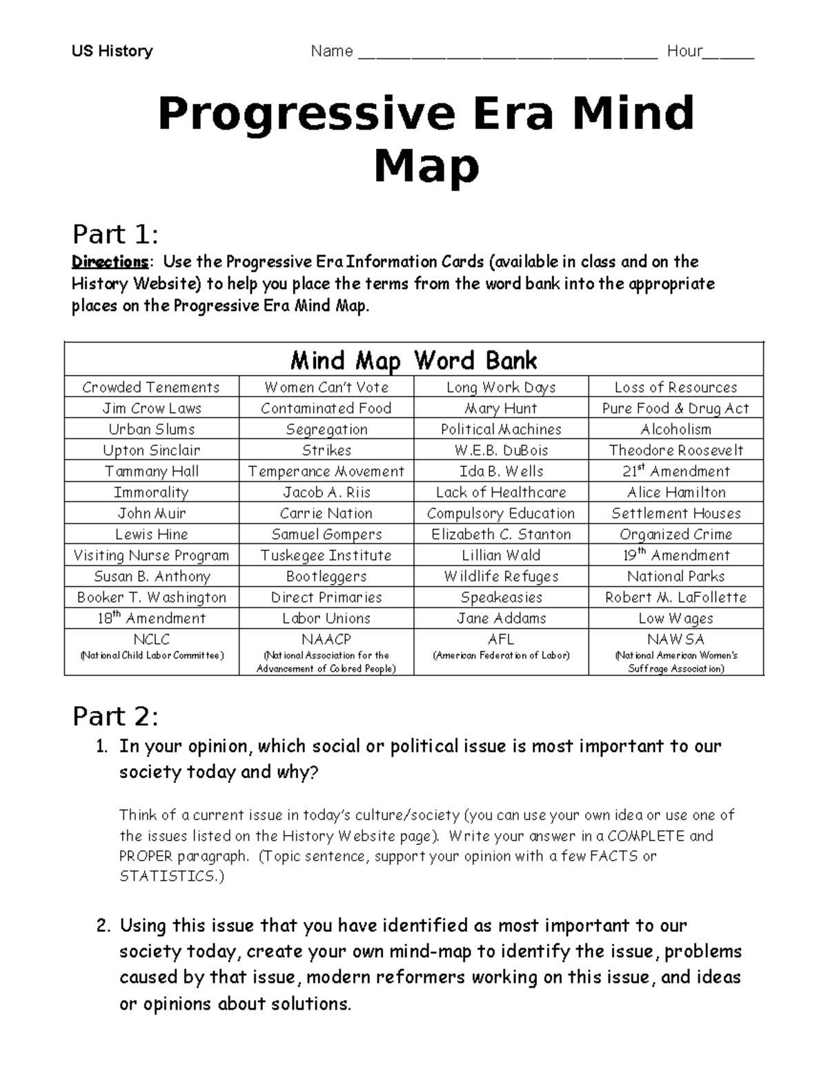 Progressive Era Mind Map Instructions - US History Name