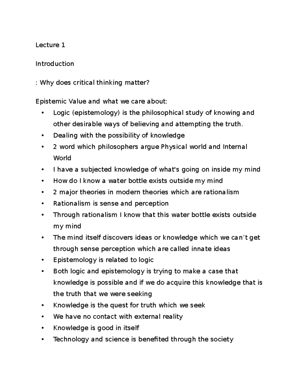 Lecture Notes Philosophy 1101 - Lecture 1 Introduction : Why does ...
