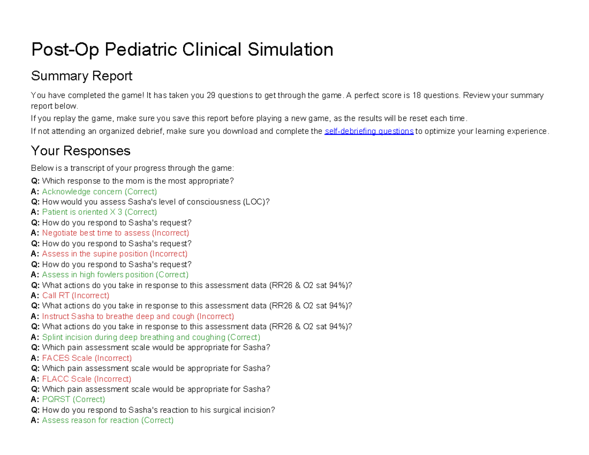 Pos-op game report - Simulation - Post-Op Pediatric Clinical Simulation ...