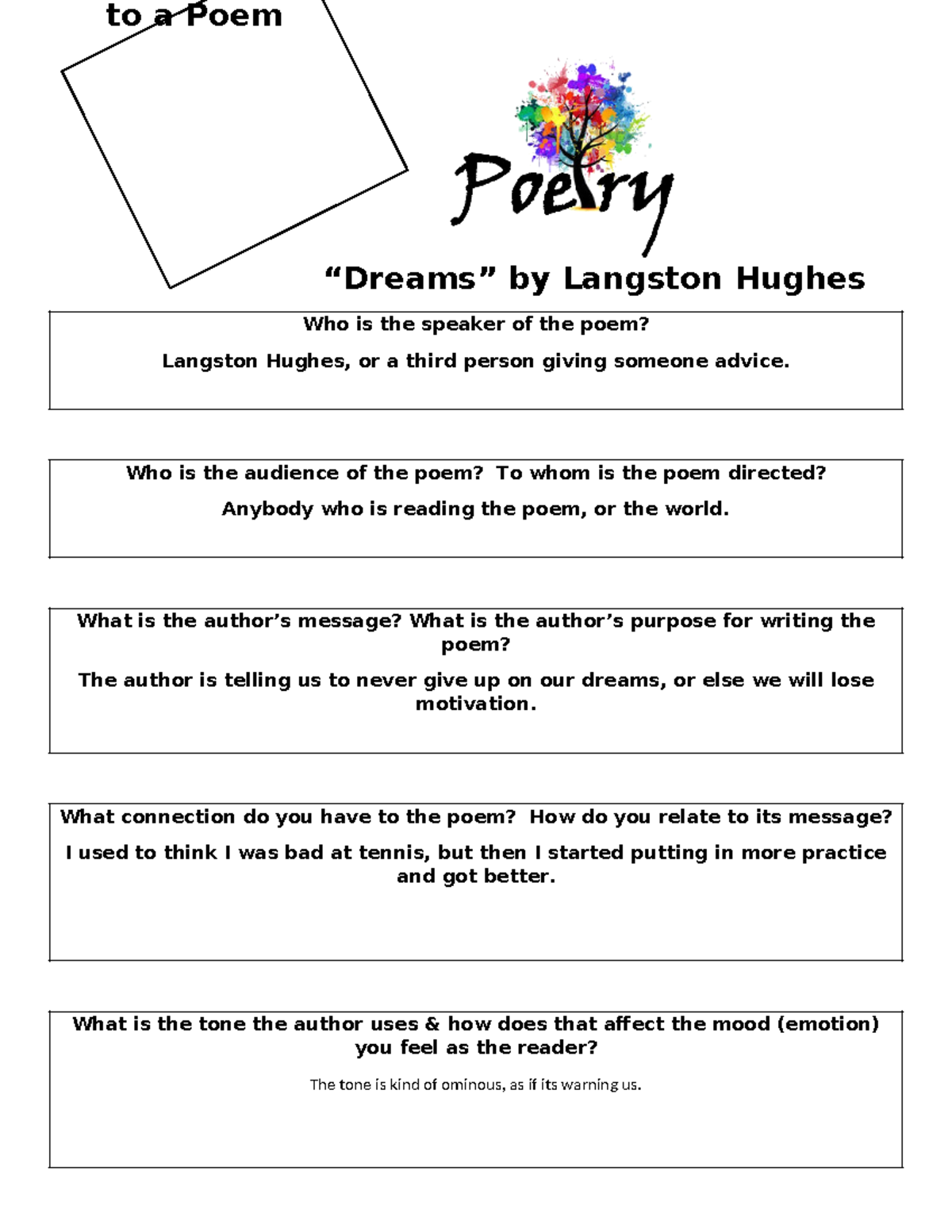 Dreams by Langston Hughes - Responding to a Poem - “Dreams” by Langston ...