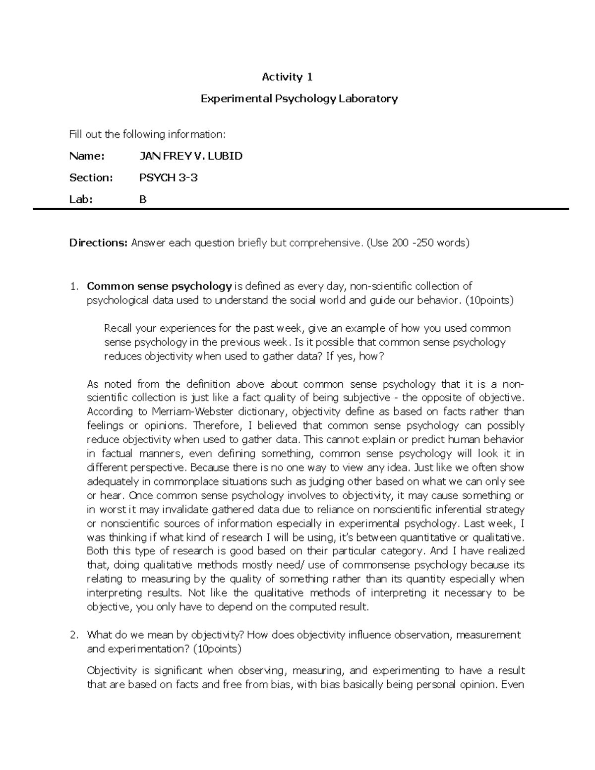 Common Sense Psychology - Activity 1 Experimental Psychology Laboratory ...