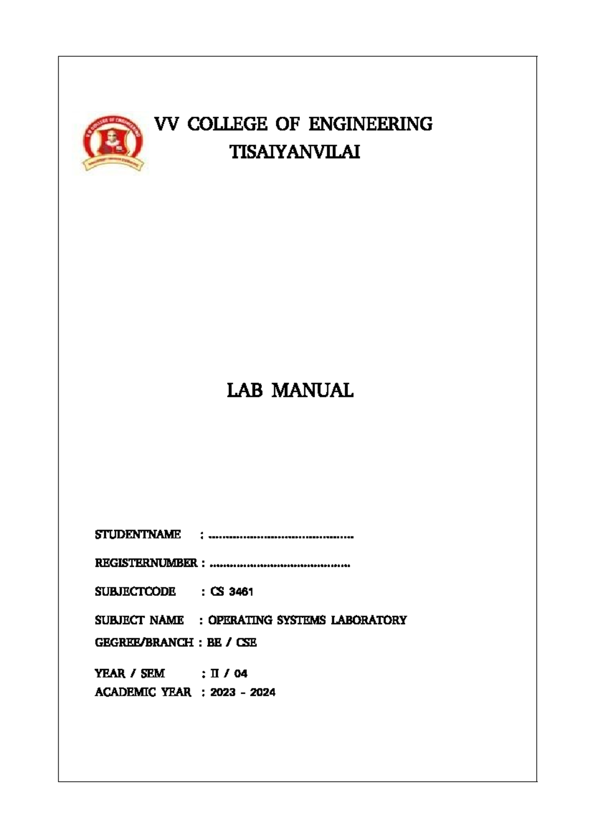 OS Lab Manual - good - VV COLLEGE OF ENGINEERING TISAIYANVILAI LAB ...
