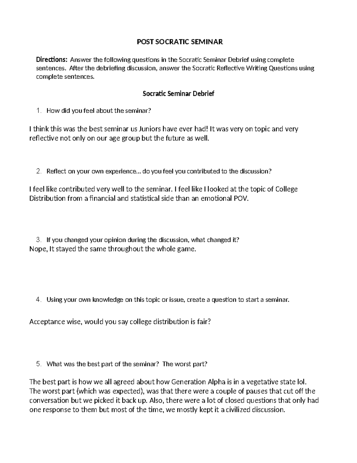 Post Socratic Seminar offically done - POST SOCRATIC SEMINAR Directions ...