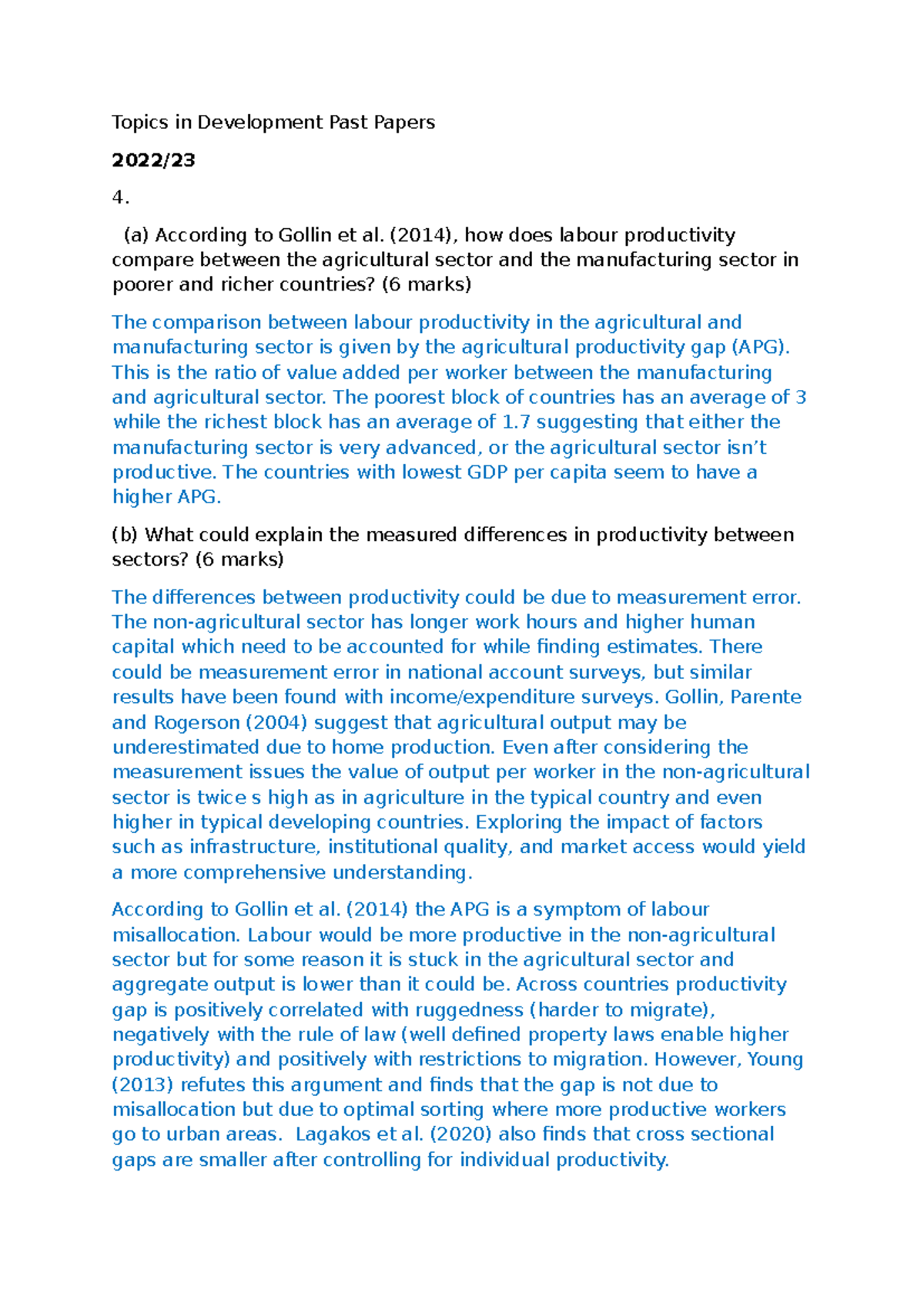 Topics in development past paper questions - Topics in Development Past ...