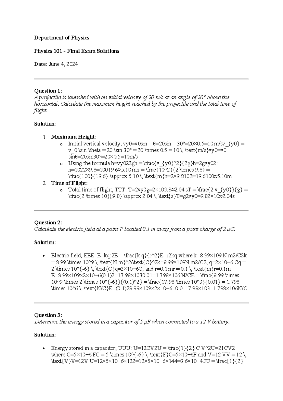 Physics 101 - Memo - Department of Physics Physics 101 - Final Exam Solutions Date: June 4, 2024 ...