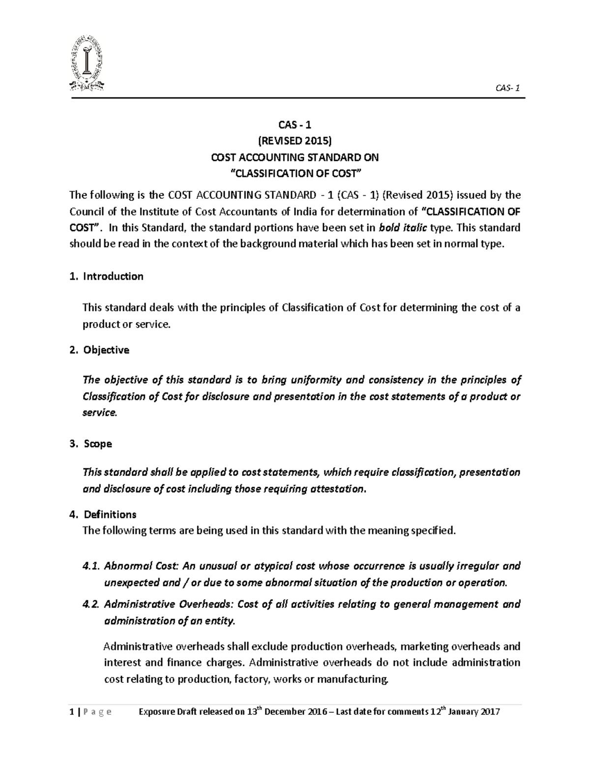 CAS-1-ED - Cost Accounting - CAS - 1 (REVISED 2015) COST ACCOUNTING ...