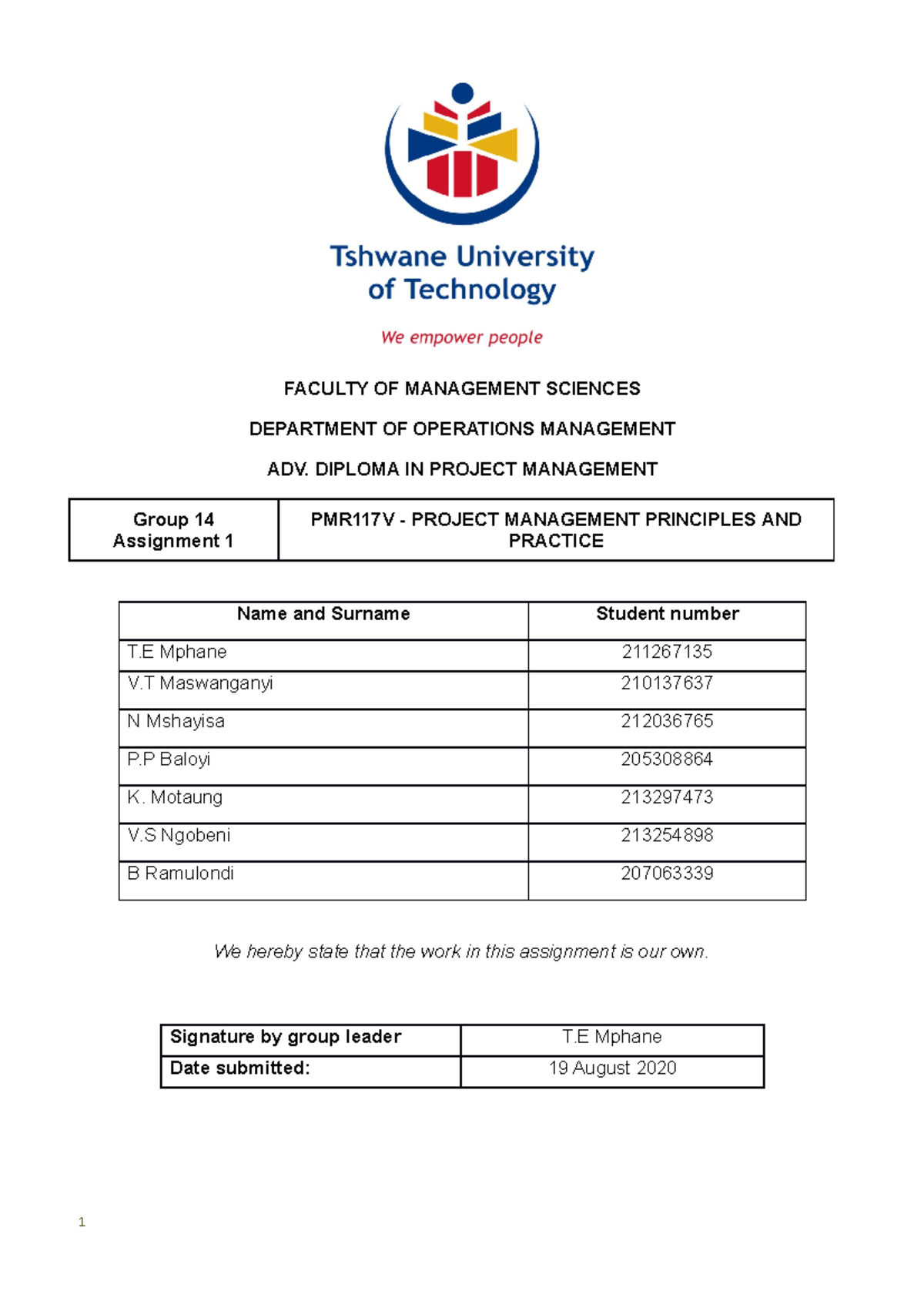 Group 14 Project management principle and practice Group Assignment 1 ...