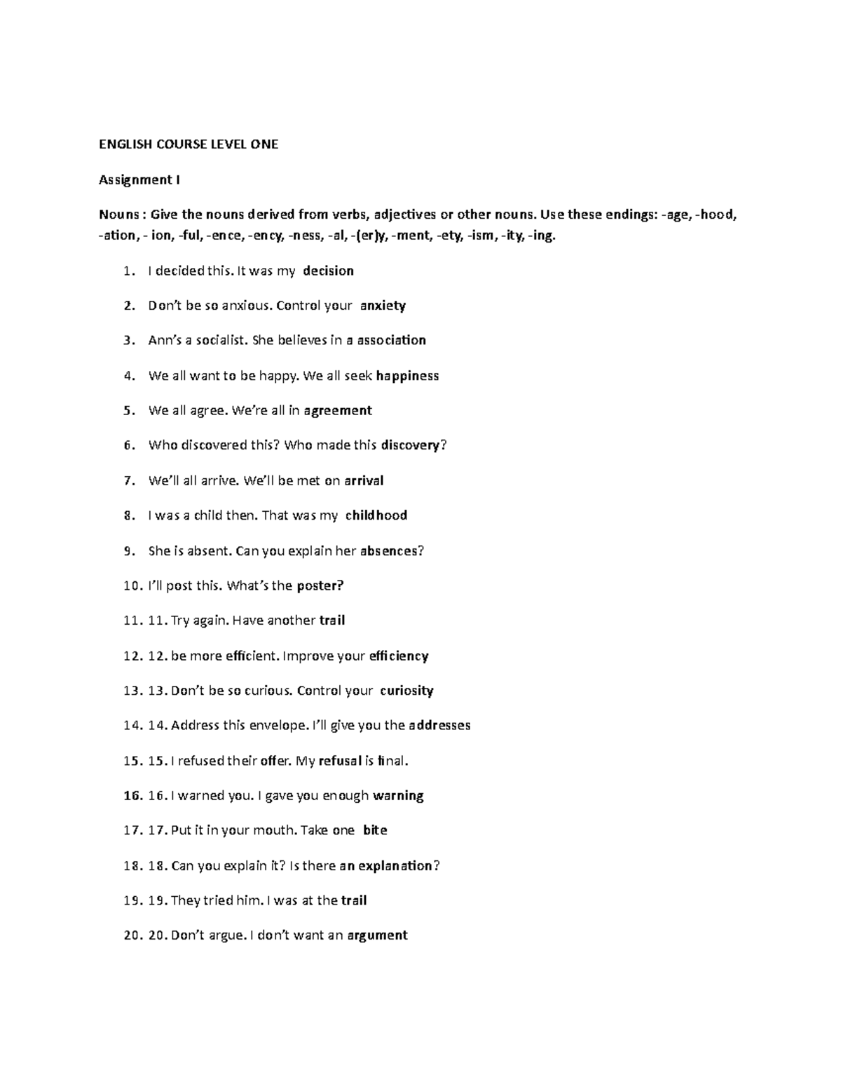 English Course Level ONE - ENGLISH COURSE LEVEL ONE Assignment I Nouns ...