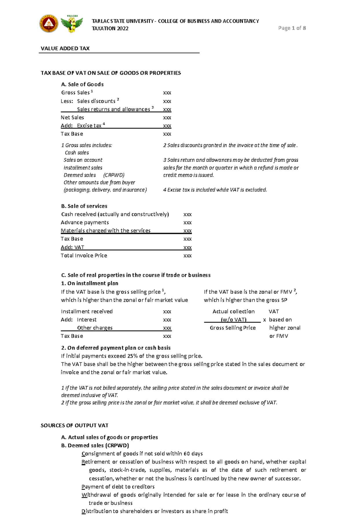 Value Added Tax - Module Exercises - Page 1 of 8 TAXATION 2022 VALUE ...
