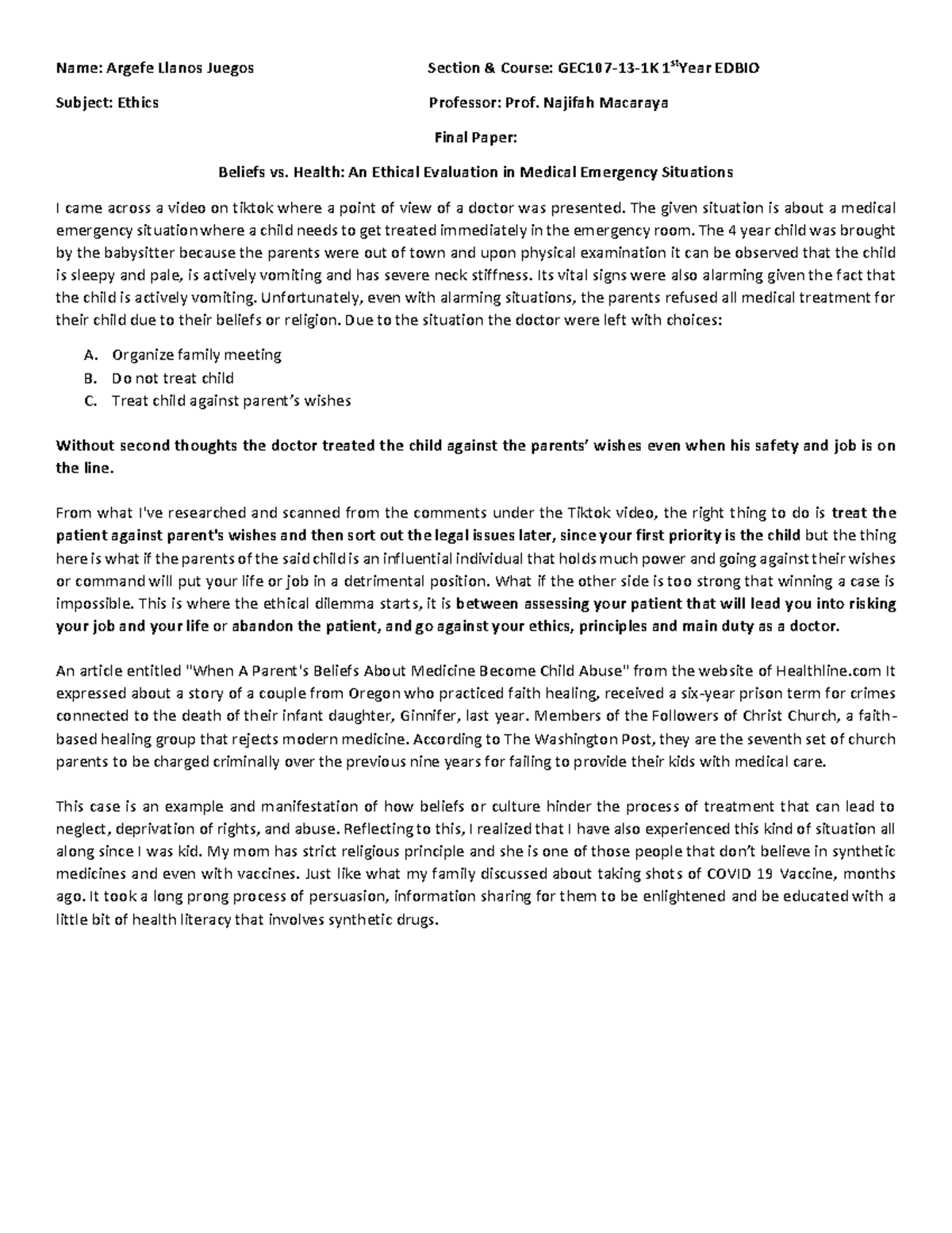 Final-Paper-Ethics - Different frameworks or philosophies - Name ...