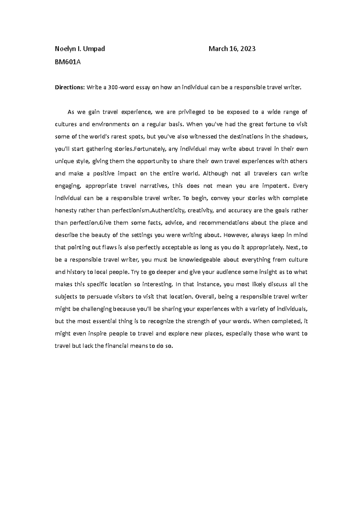 Umpad- Seatwork - Noelyn I. Umpad March 16, 2023 BM601A Directions ...