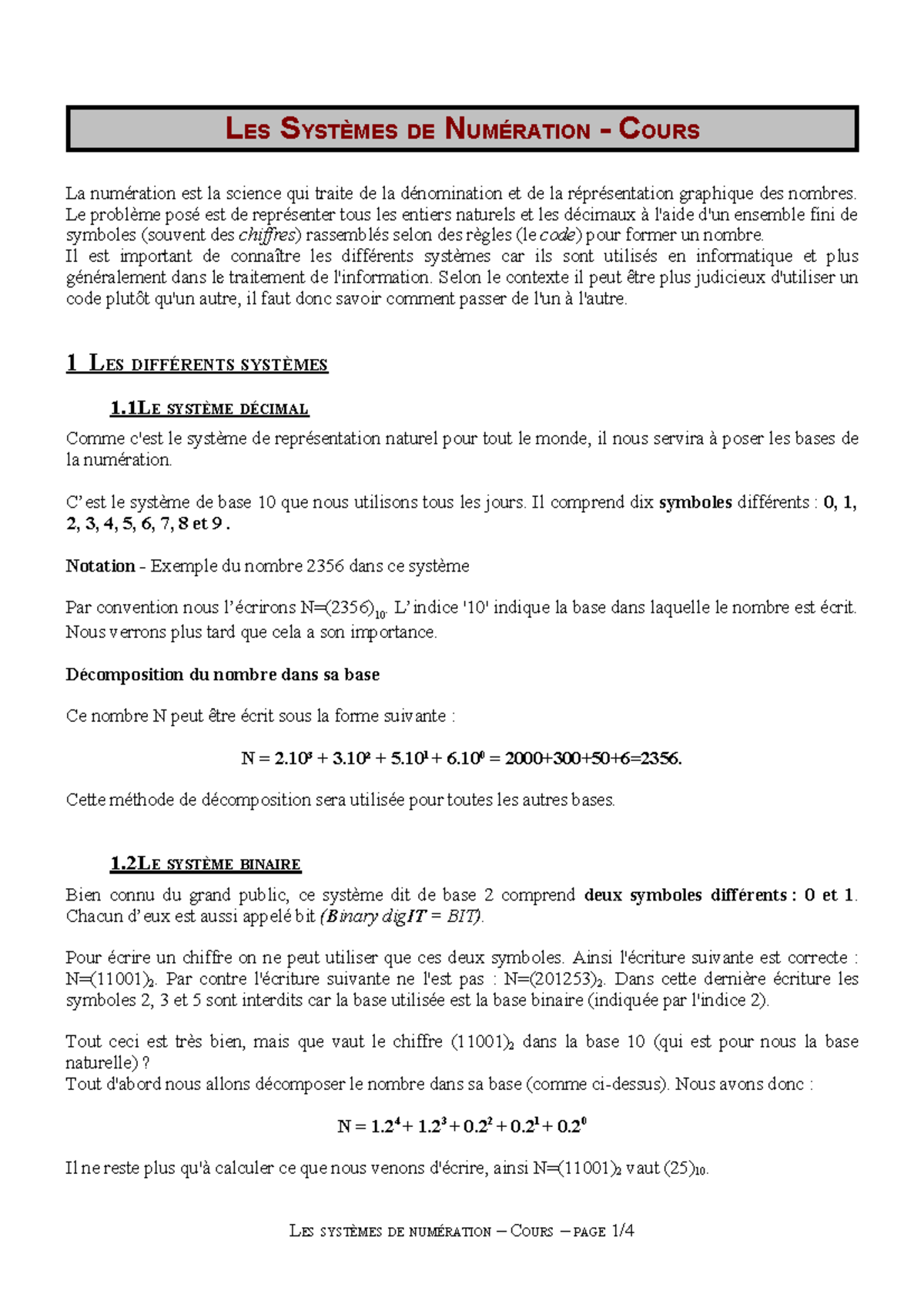 Les systemes de numeration - LES SYSTÈMES DE NUMÉRATION - COURS La ...