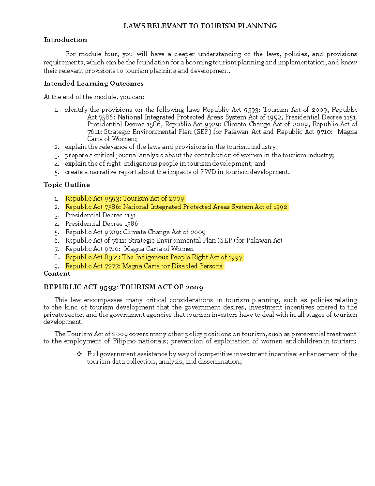 LAWS Relevant TO Tourism Planning - LAWS RELEVANT TO TOURISM PLANNING ...