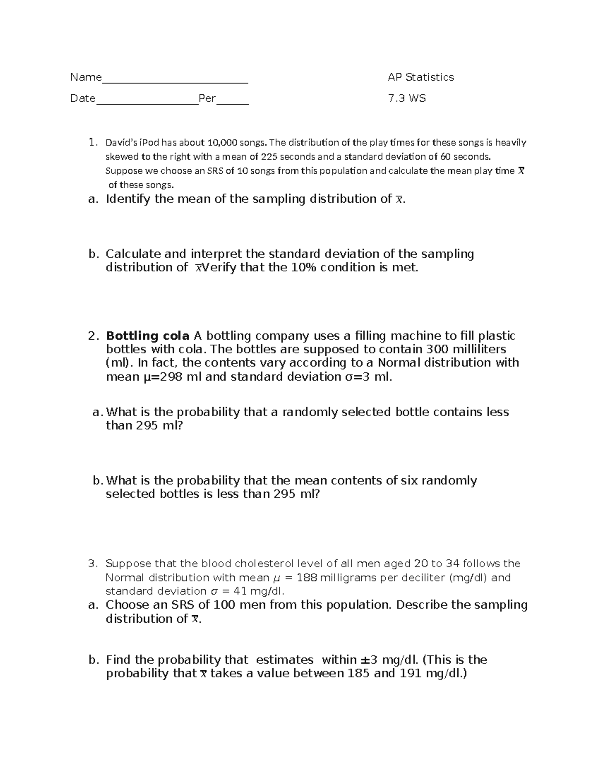 7.3 WS - Course work - Name___________________________ AP Statistics ...