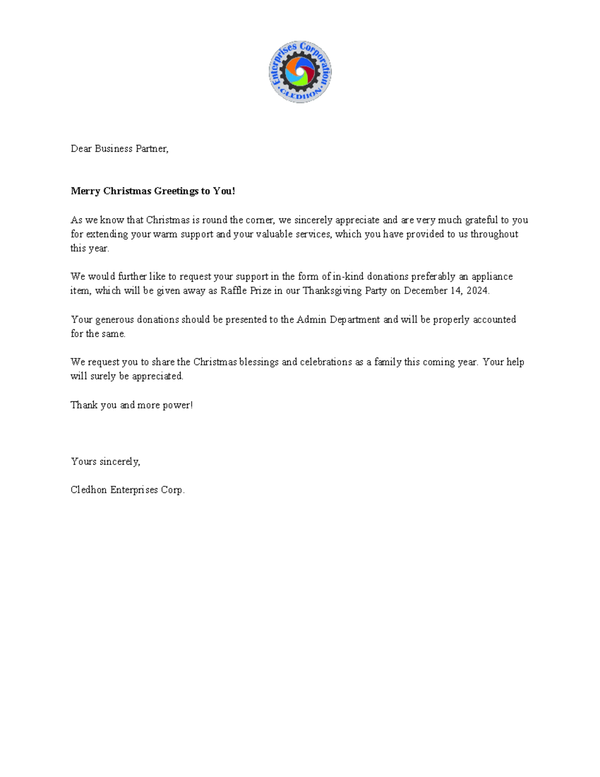 Solicitation Letter - aaaaa - Dear Business Partner, Merry Christmas ...