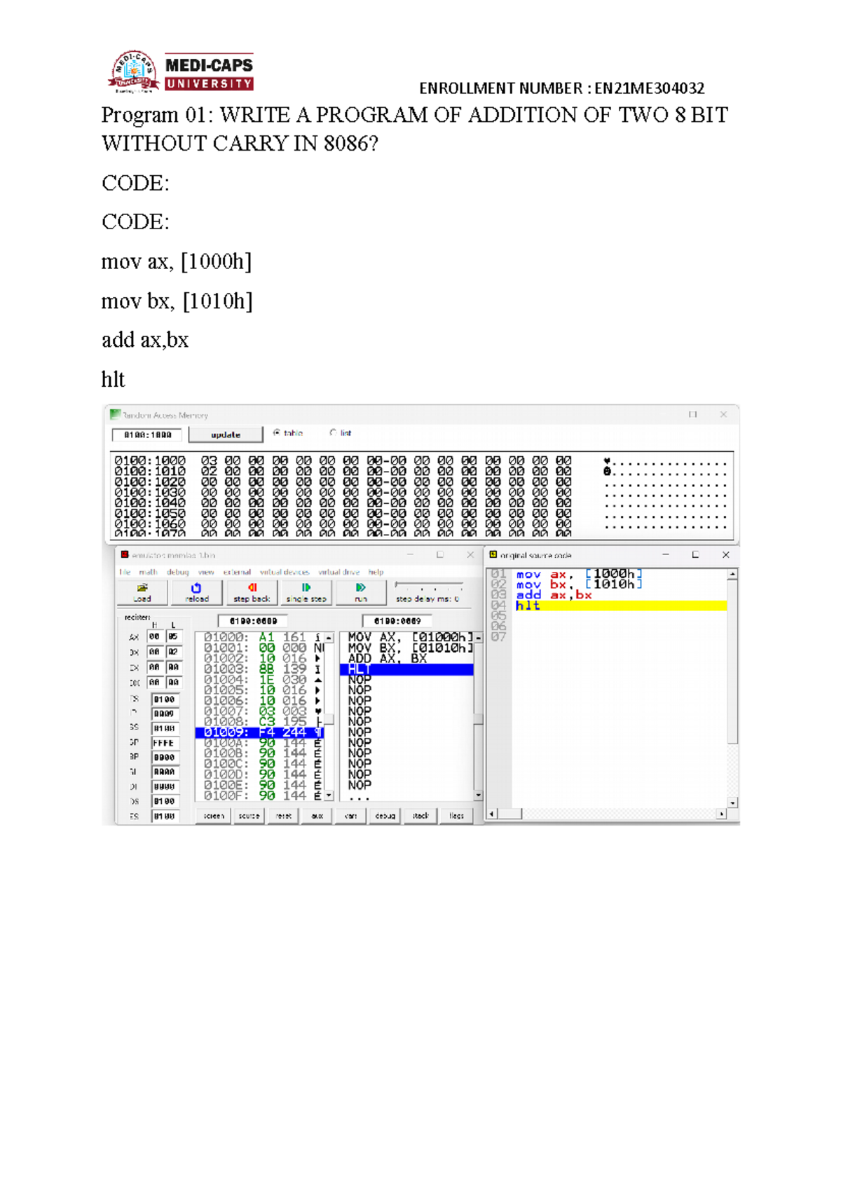 Rishabh ptdr mnm - Program 01: WRITE A PROGRAM OF ADDITION OF TWO 8 BIT ...