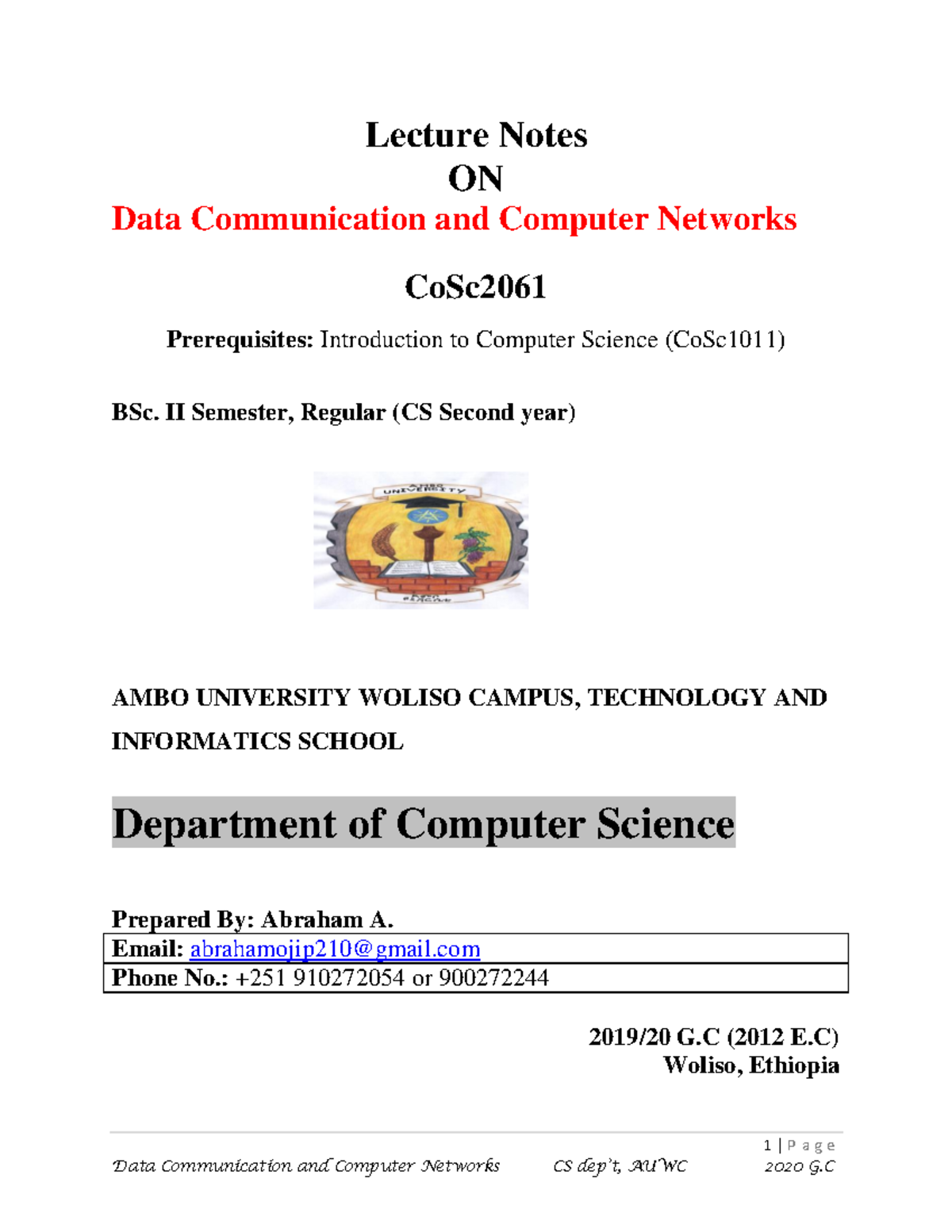 Lecture Note Dfgdgfdhg 1 P A G E Lecture Notes On Data Communication And Computer Networks