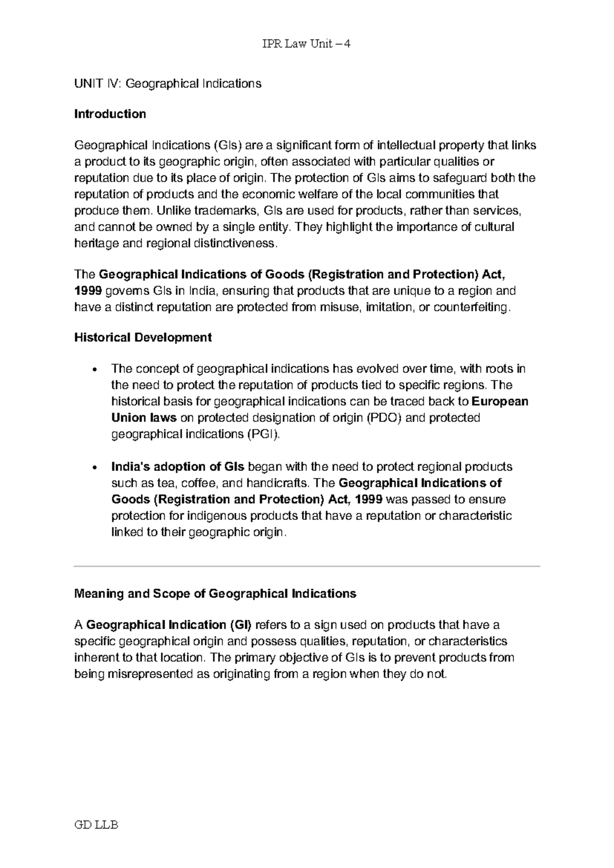 IPR Law - Unit 4 - IPR Law - Unit 4 - UNIT IV: Geographical Indications ...