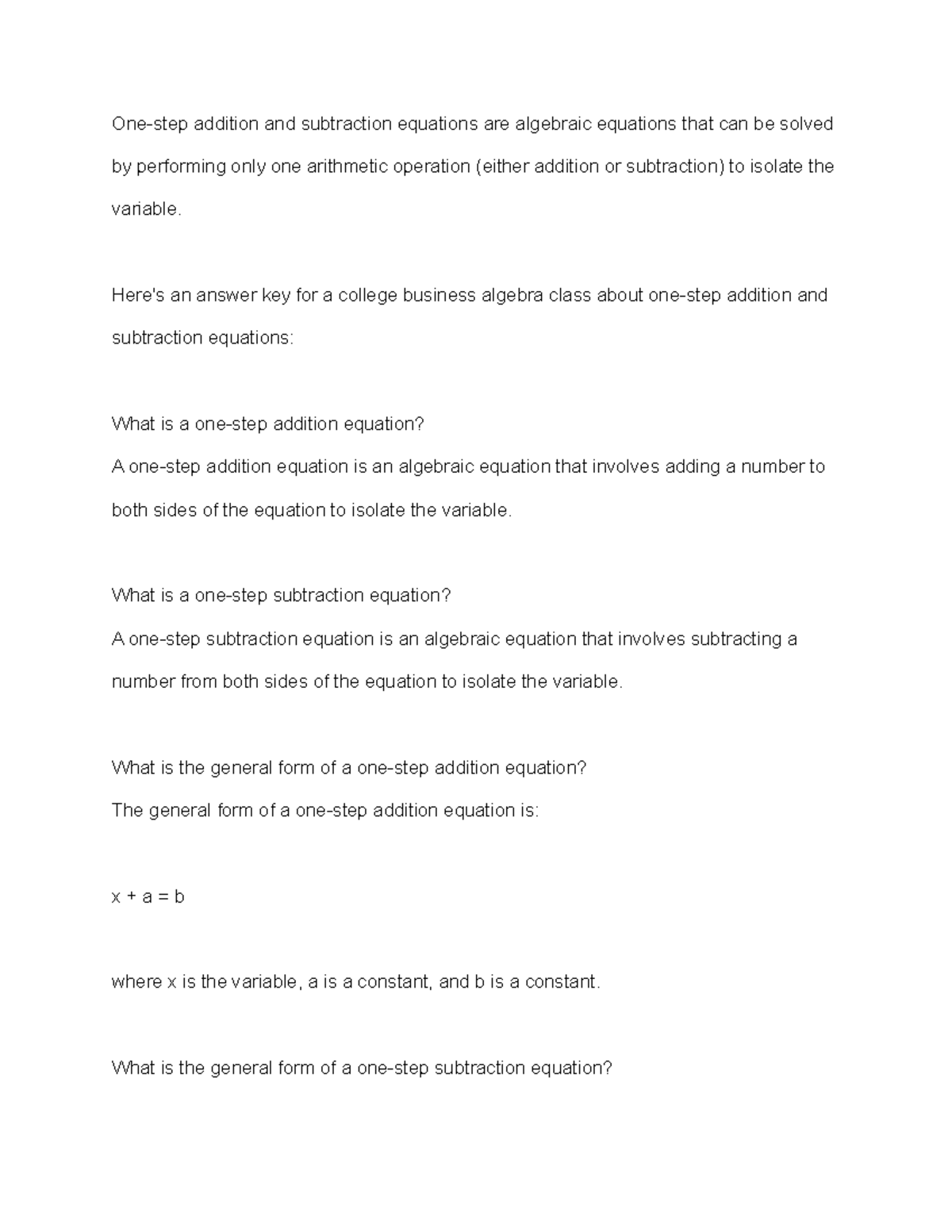 One step Addition And Subtraction Equations Here s An Answer Key For