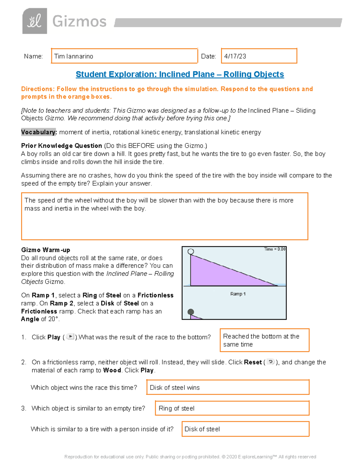 Final Inclined Plane Rolling Objects Gizmo - Name: Tim Iannarino Date ...
