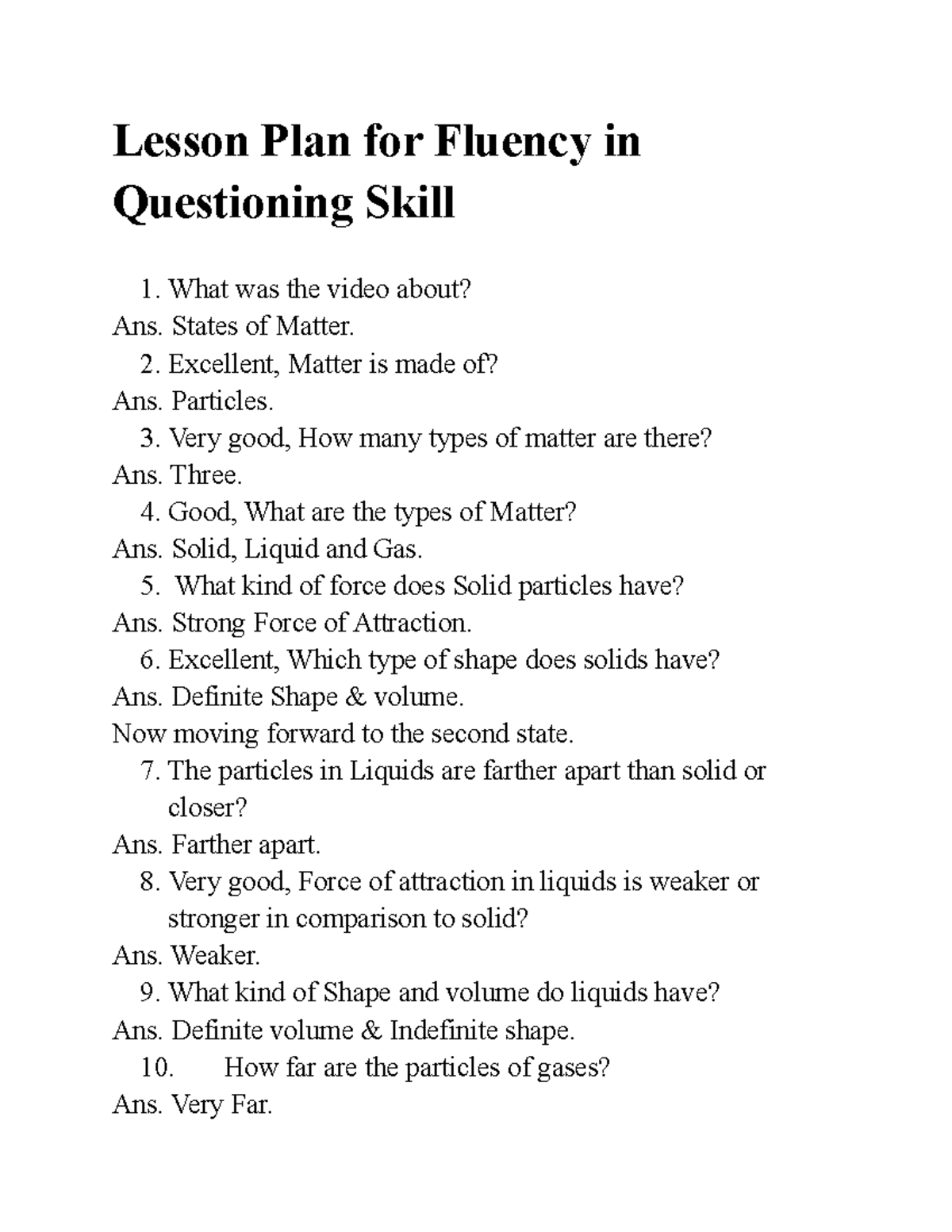 Lesson plan of Fluency Questioning Skill for States of Matter - Lesson ...