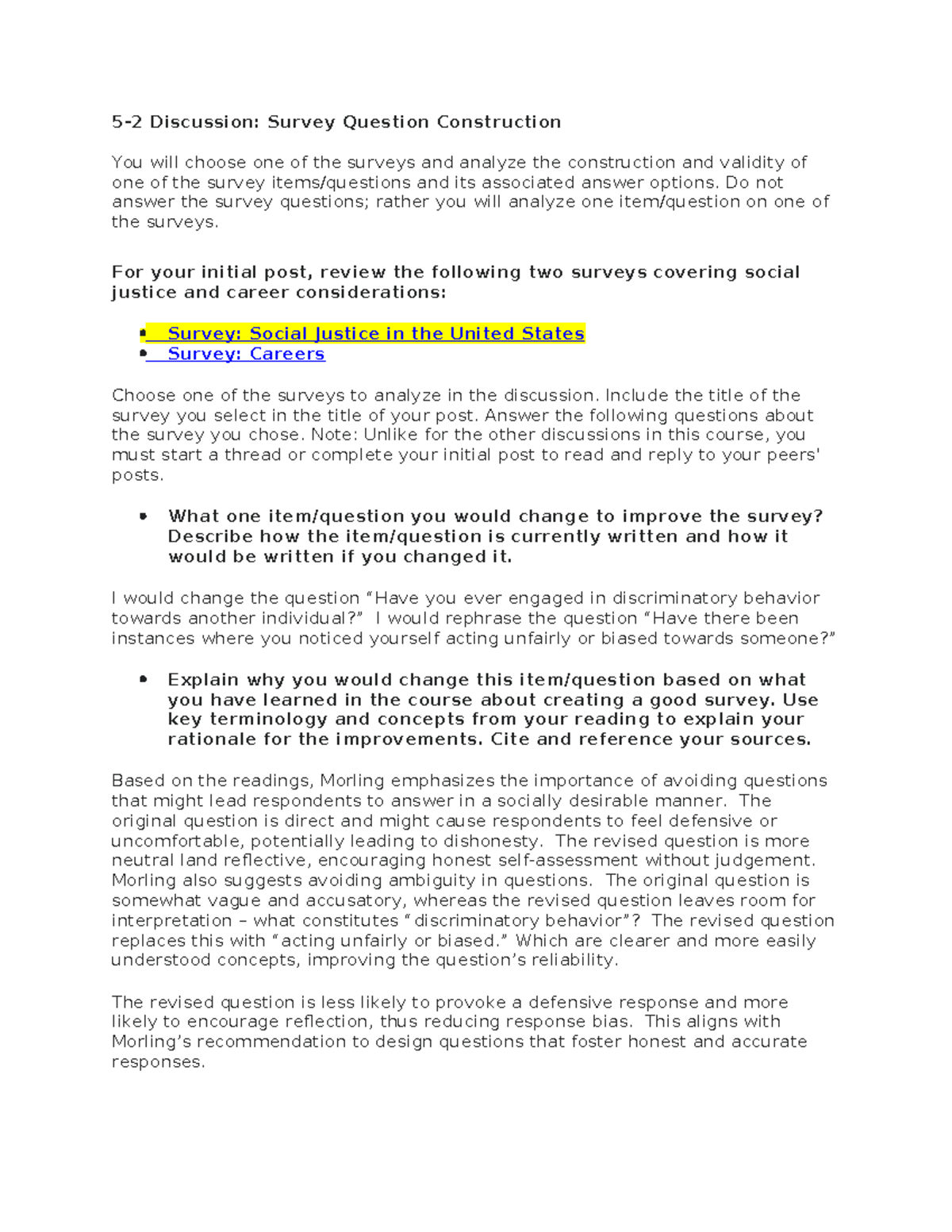 Discussion 5-2 Survey Question Construction - 5-2 Discussion: Survey ...