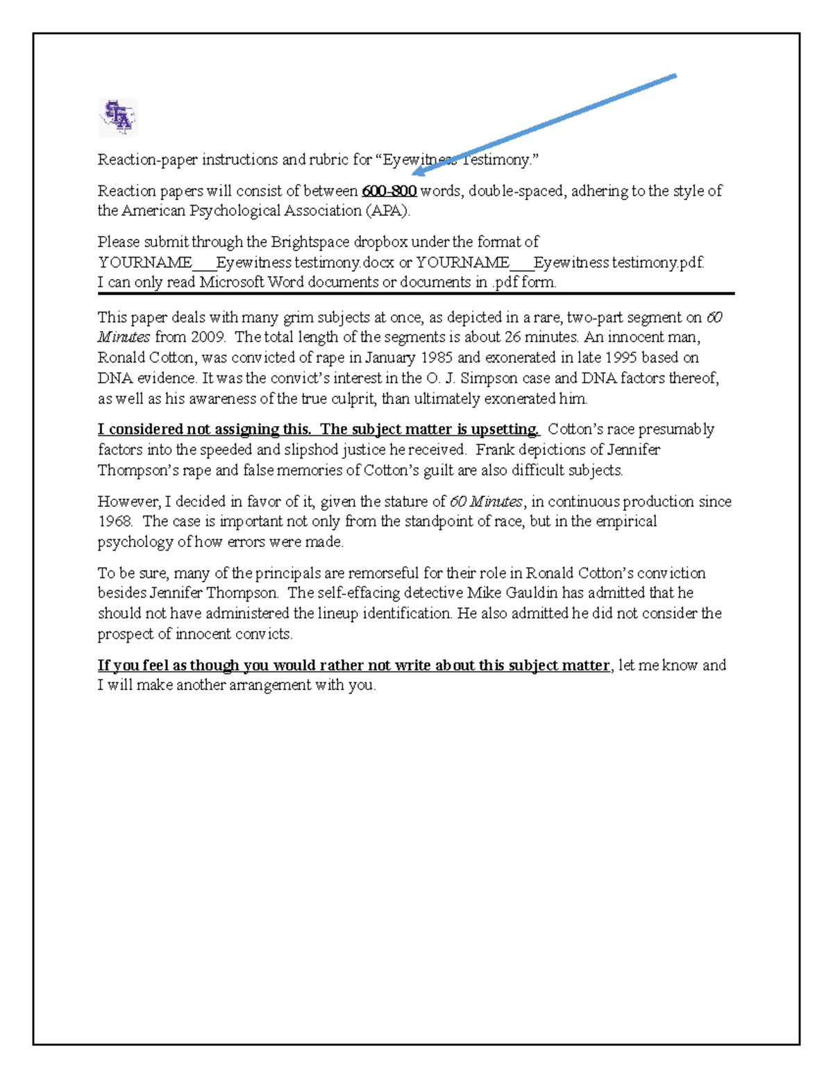 PSYC2301 Instructions and Rubric for Eyewitness Testimony - Reaction ...