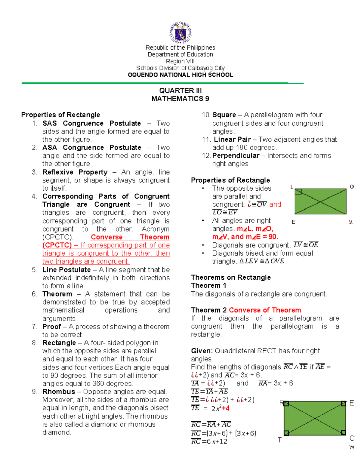 Mathematics 9 Reviewer - Republic of the Philippines Department of ...