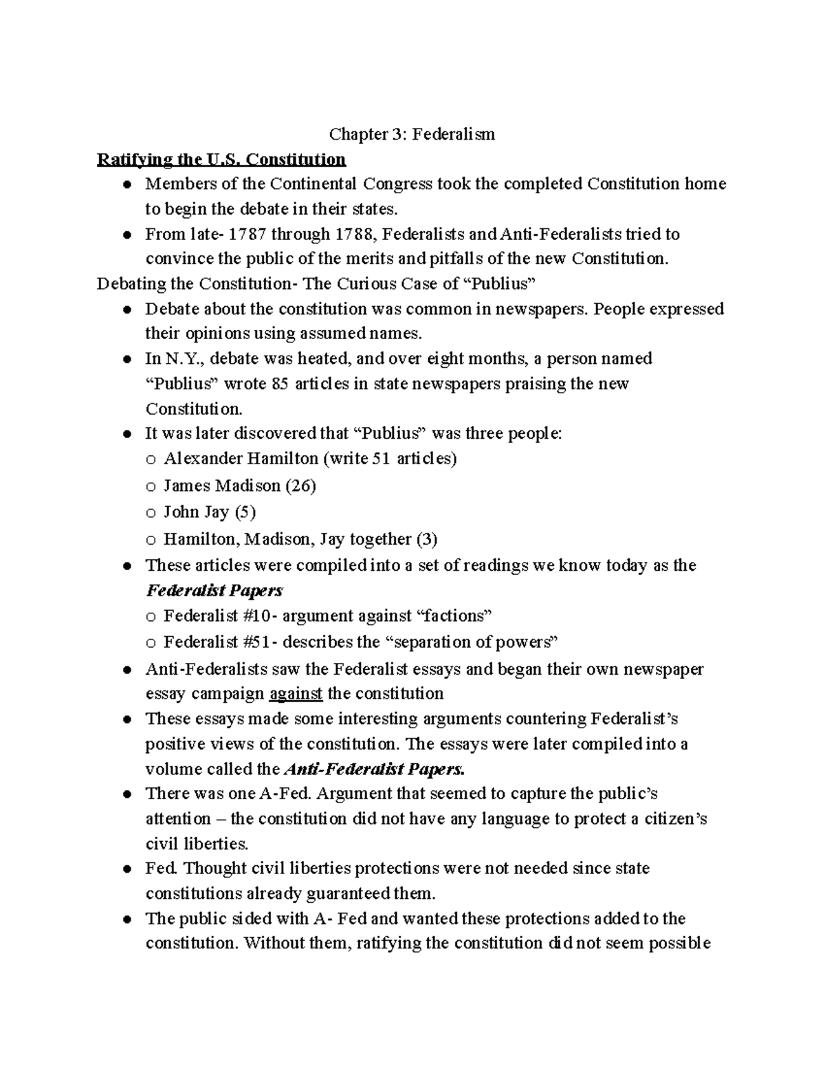 GOV-Chapter 3 Notes - N/A - Chapter 3: Federalism Ratifying the U ...