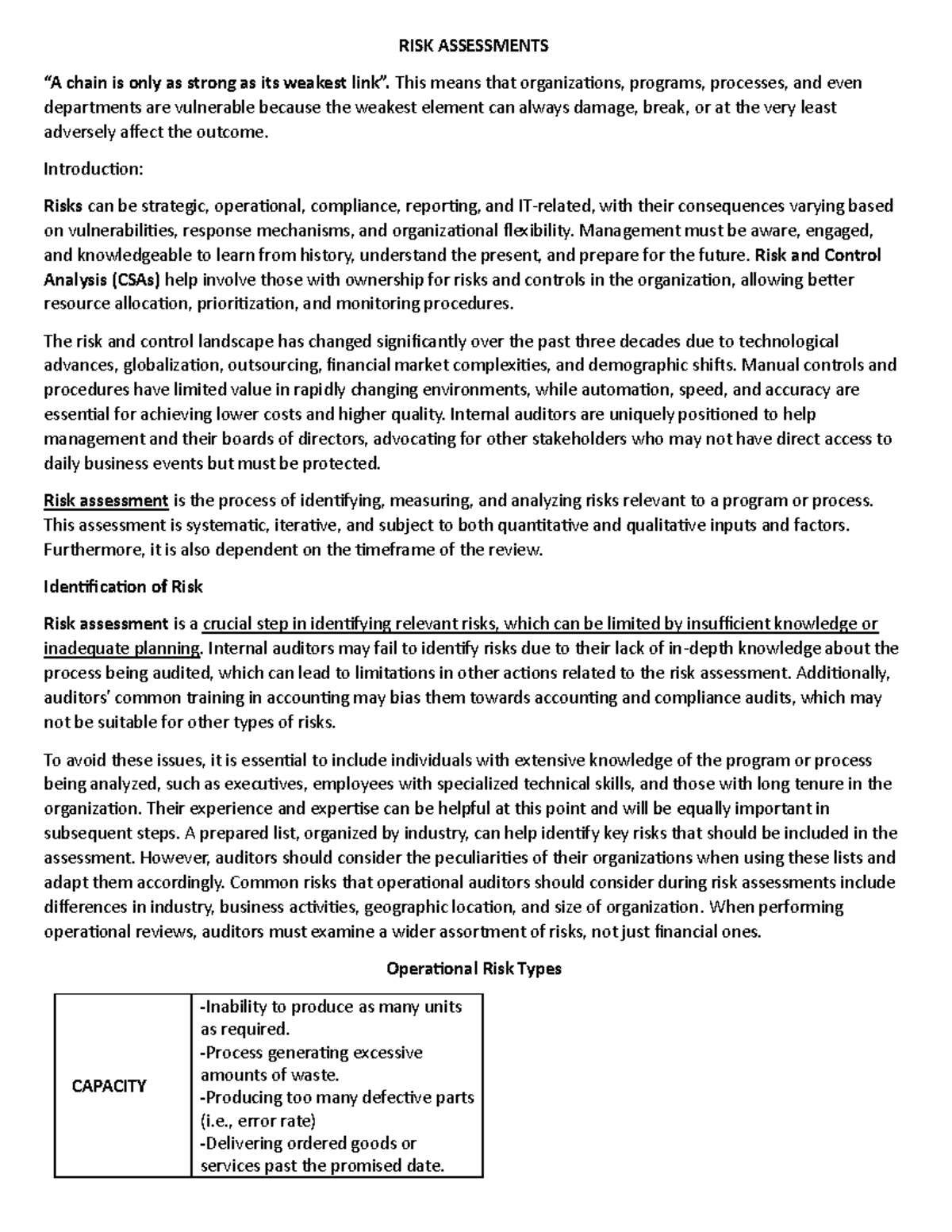 RISK Assessments - Notes - RISK ASSESSMENTS “A chain is only as strong ...