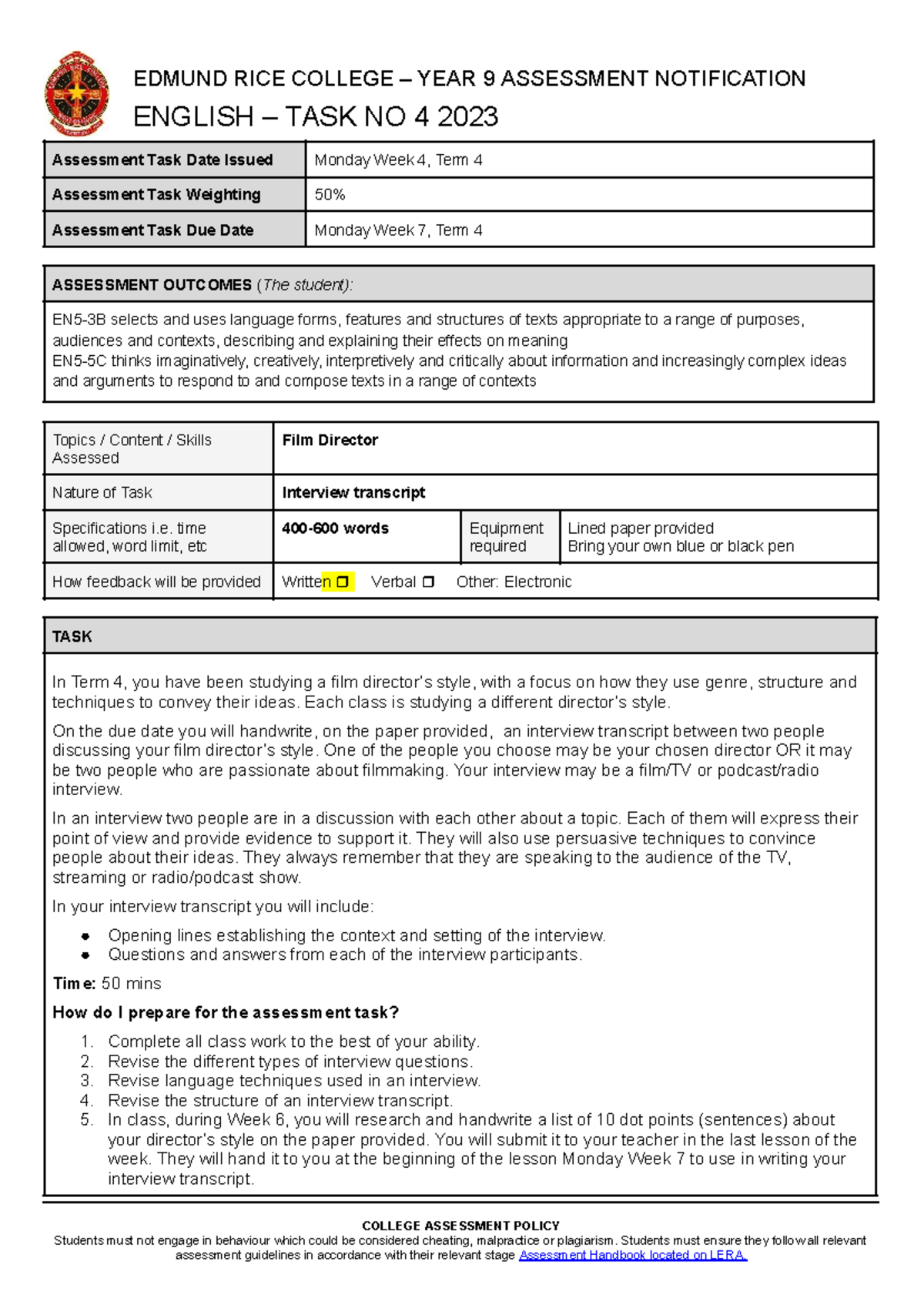 2023 Year 9 English Assessment Task 4 Notification - EDMUND RICE COLLEGE – YEAR 9 ASSESSMENT ...