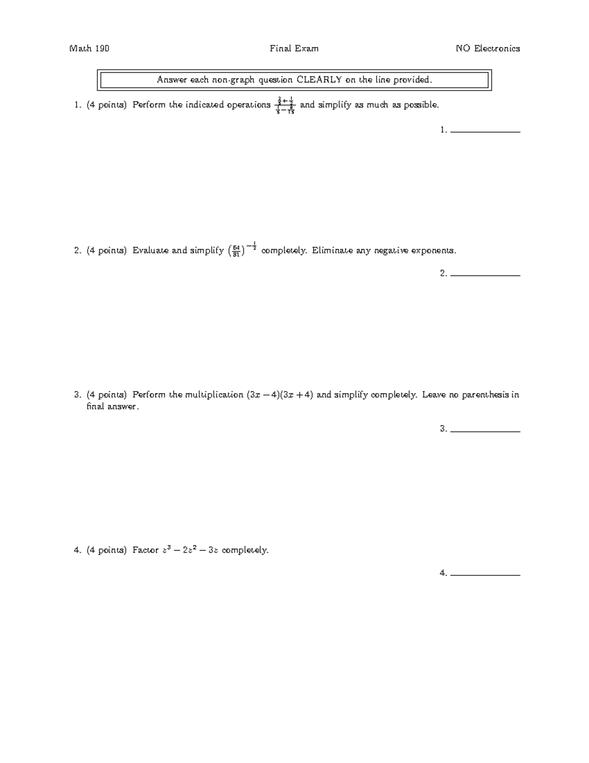 Final 2 190 - jhvk - Math 190 1. (4 points) Perform the indicated ...