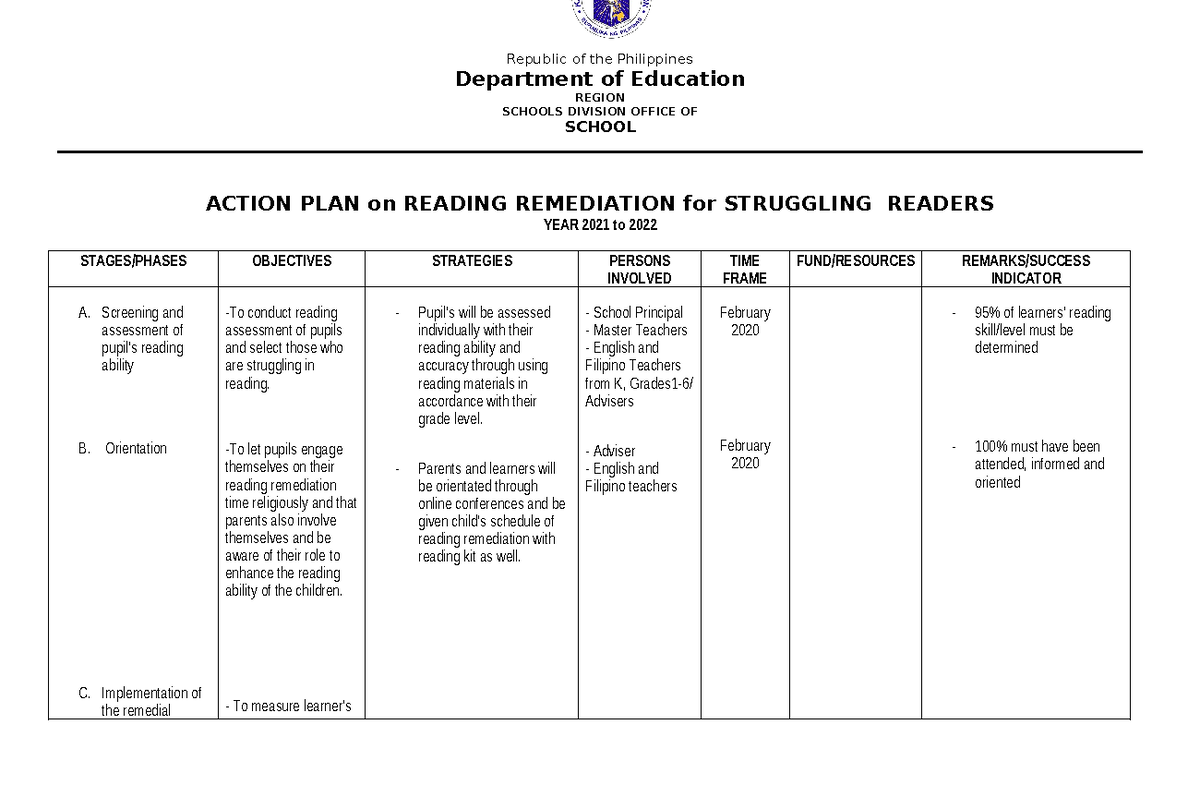 Action Plan on Reading with Struggling Students B - Republic of the ...
