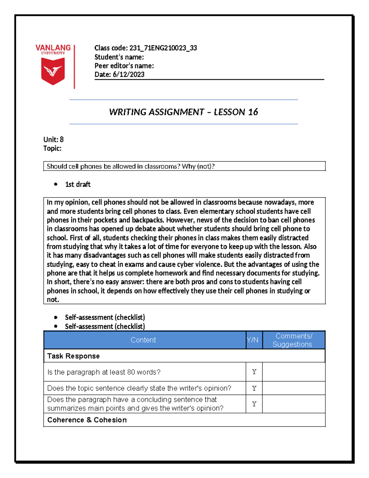 Template Writing assignment lesson 16 - Class code: 231_71ENG210023 ...