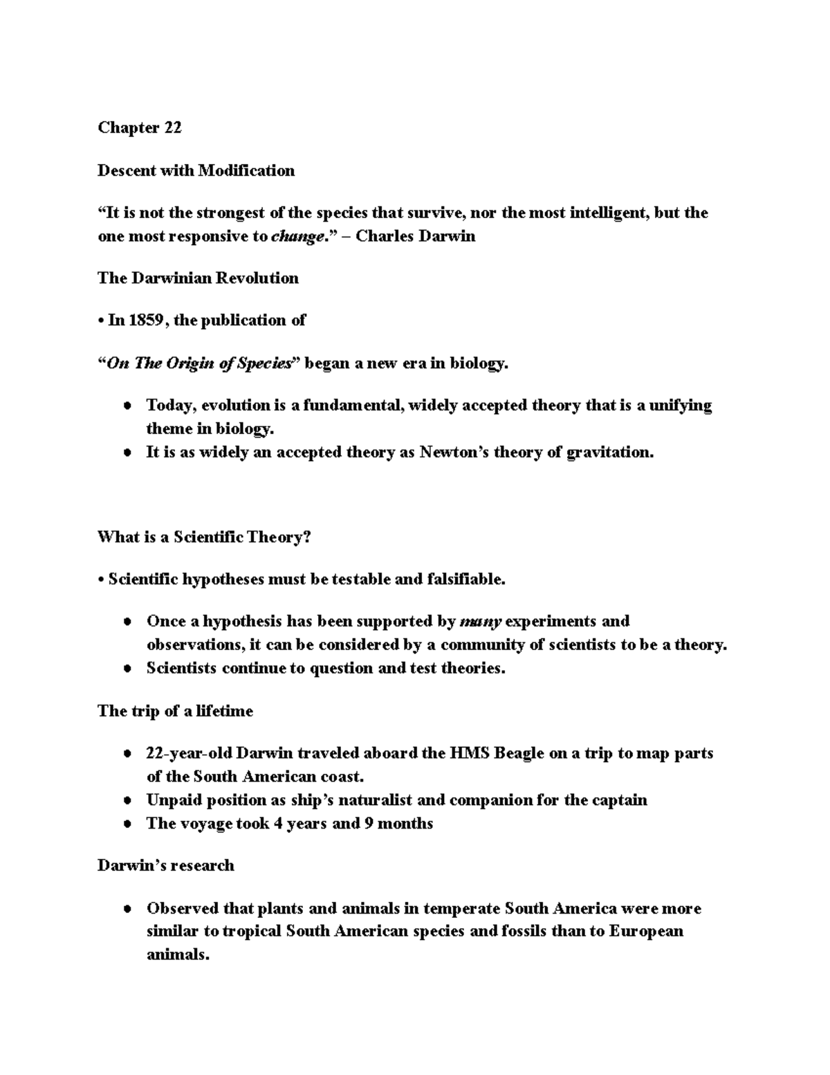 Bio21 - book notes for exams - Chapter 22 Descent with Modification “It ...