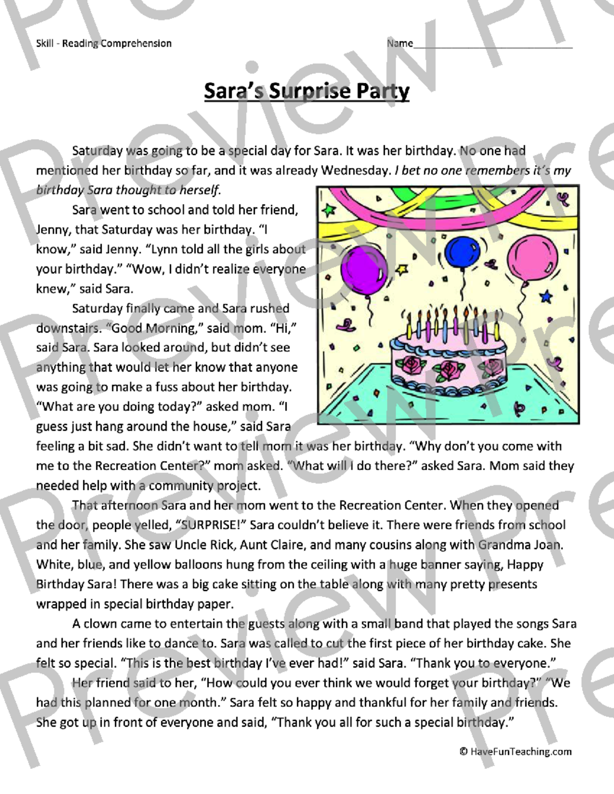 Saras-surprise-party-fourth-grade-reading-comprehension-worksheet ...