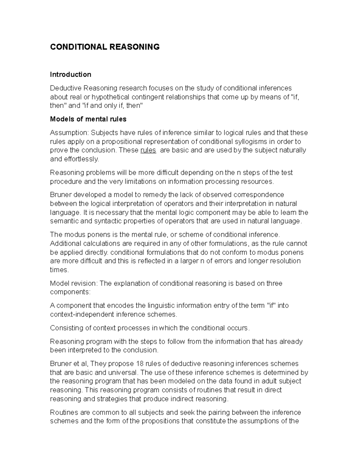 Conditional Reasoning Conditional Reasoning Introduction Deductive Reasoning Research Focuses