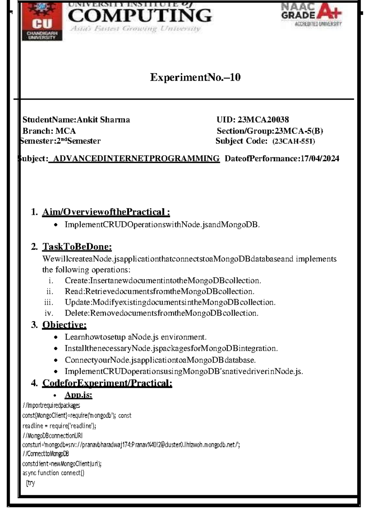 AIP Exp-10(2) 2003 8 - pratical - ExperimentNo.– 10 StudentName:Ankit Sharma UID: 23MCA200 38 ...