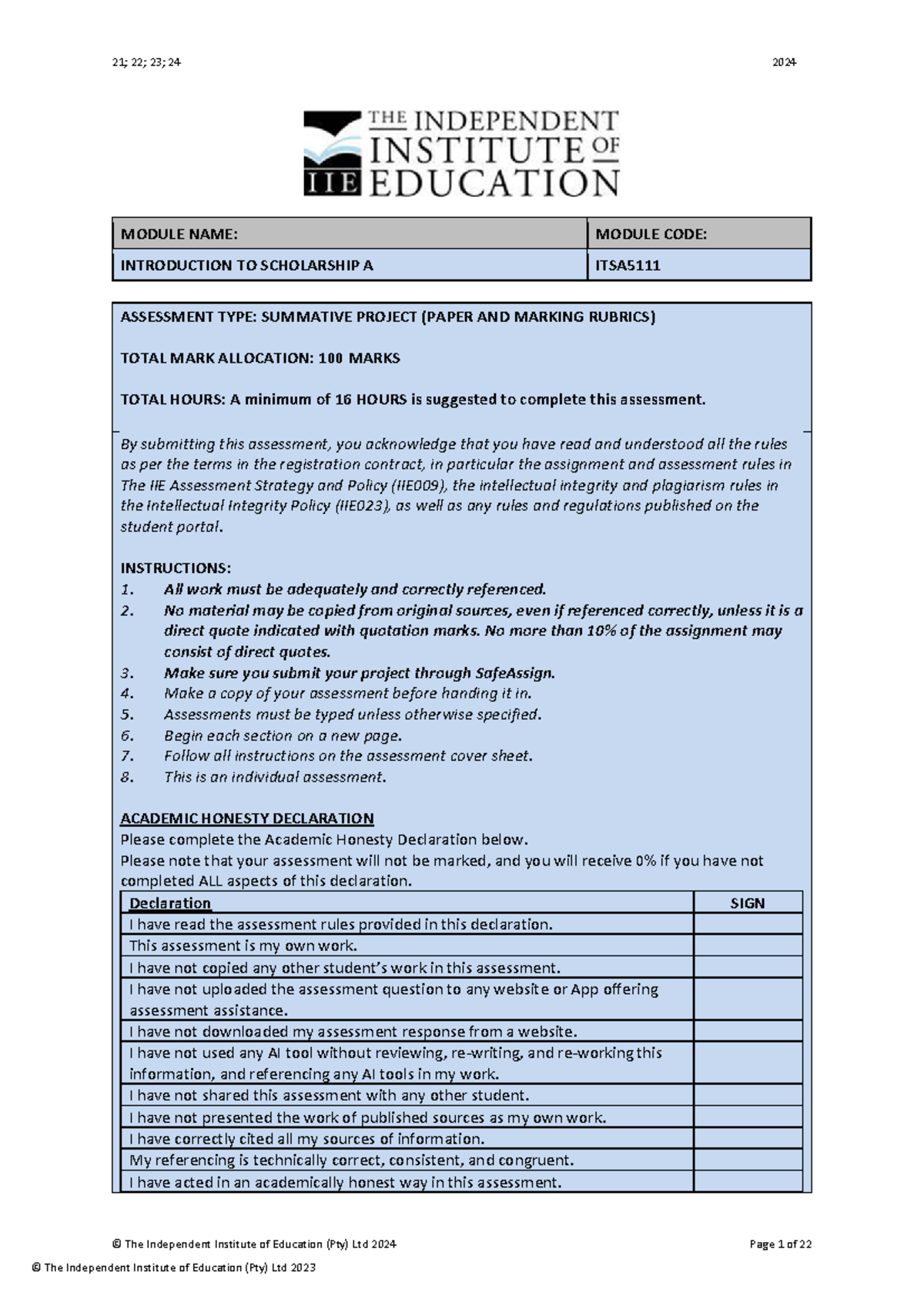 ITSA5111 Summative Project 2024 - © The Independent Institute of ...