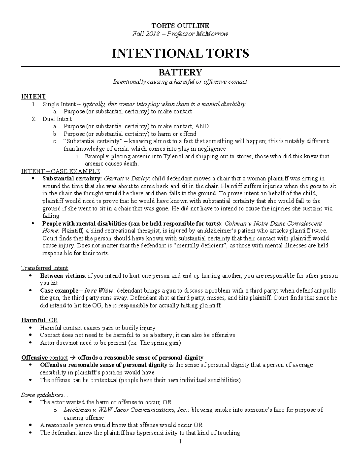 Torts Outline mcmorrow 2018 - TORTS OUTLINE Fall 2018 – Professor ...