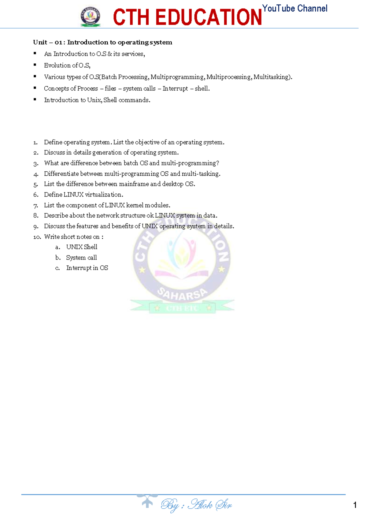 OS Complete PDF Notes(CTH Education) - CTH EDUCATION YouTube Channel ...